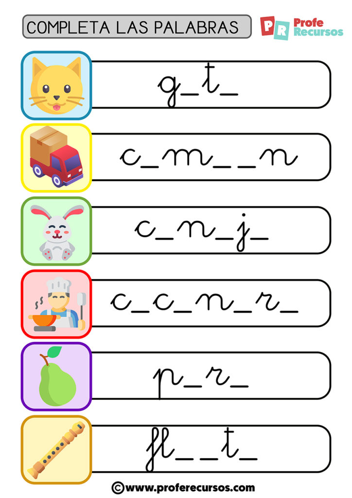 Completa Las Vocales en Las Palabras | Ejercicios para Imprimir