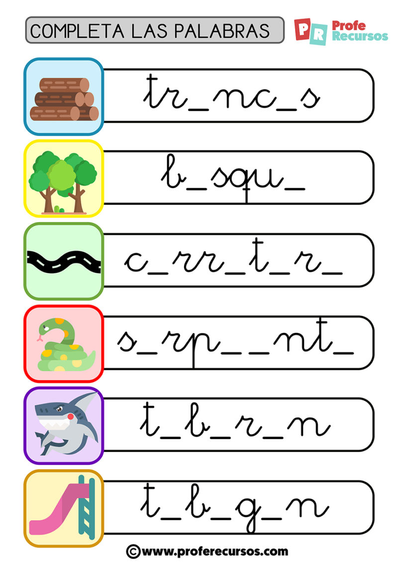 Completa Las Vocales en Las Palabras | Ejercicios para Imprimir