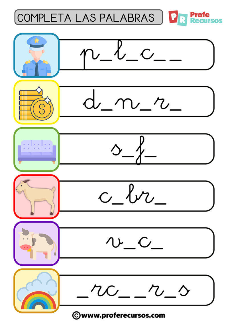 Completa Las Vocales en Las Palabras | Ejercicios para Imprimir