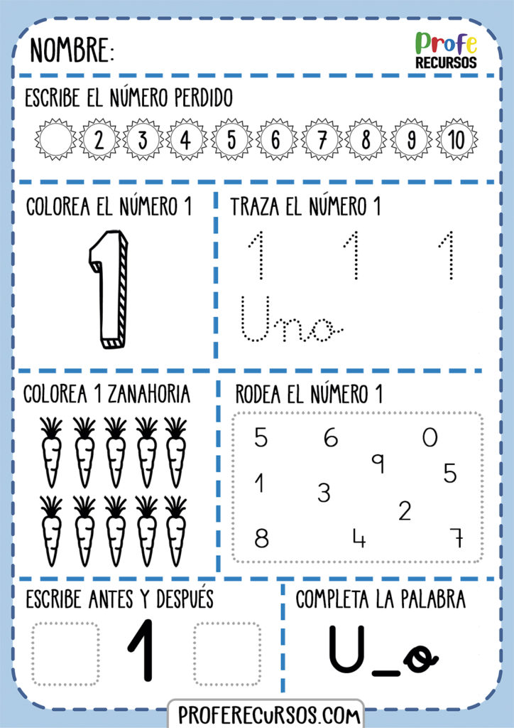Fichas para aprender los numeros del 1 al 10 Español e Inglés