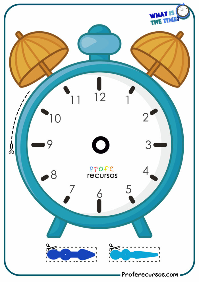 Reloj para practicar la hora en inglés, acompañado de tarjetas y dominó
