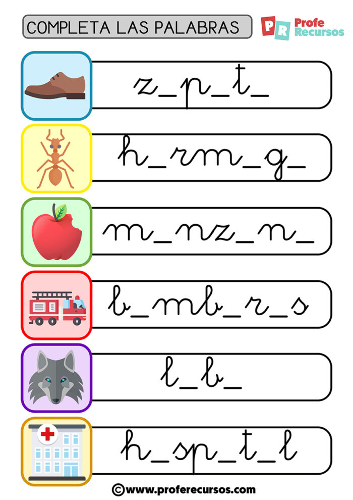 Completa Las Vocales en Las Palabras | Ejercicios para Imprimir