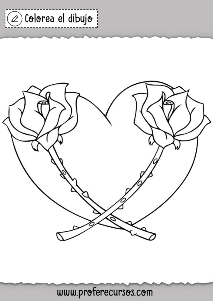 Dibujo Corazon y Rosa para Colorear