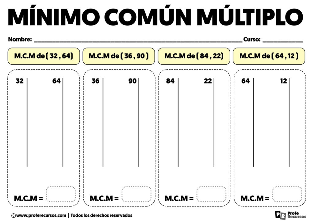 Fichas de Ejercicios de Mínimo Común Múltiplo (MCM)
