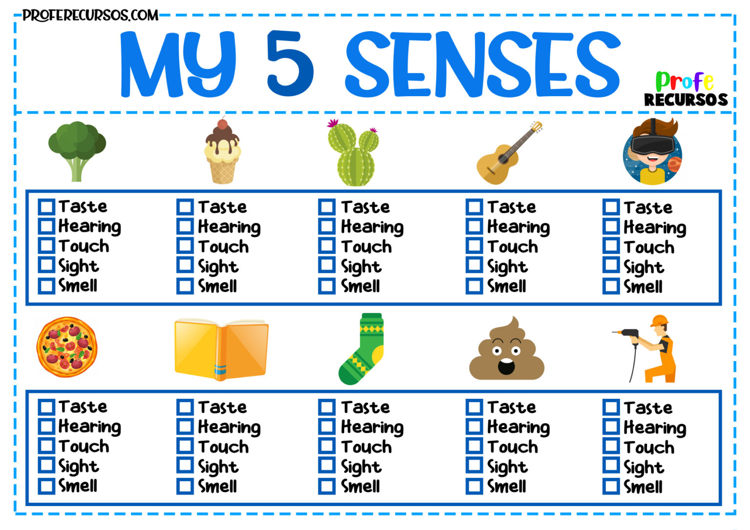 English Five Senses Activities and Worksheets