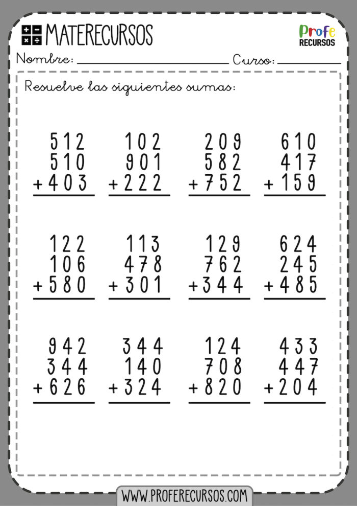 Fichas de Sumas de 3 SUMANDOS | Fichas de Sumas para Niños
