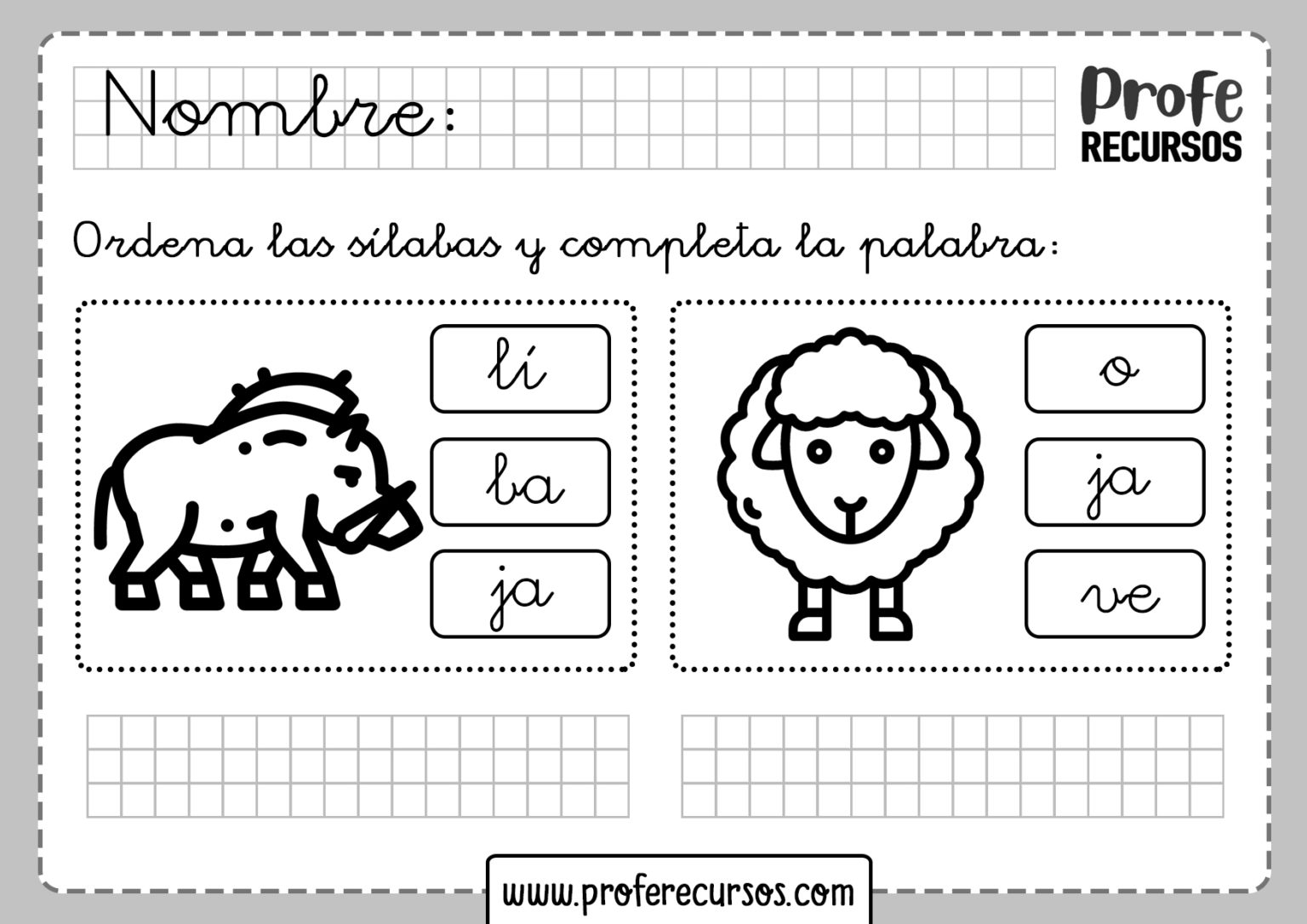 Actividades de ordenar sílabas y escribir palabras