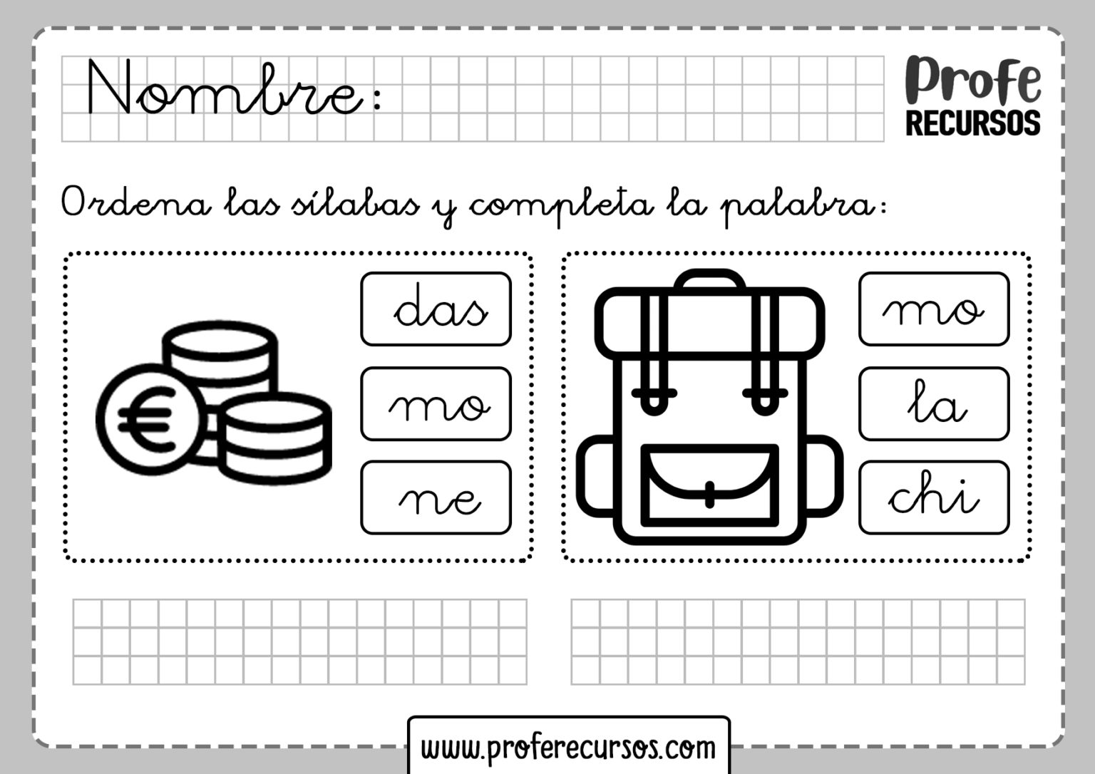 Actividades de ordenar sílabas y escribir palabras