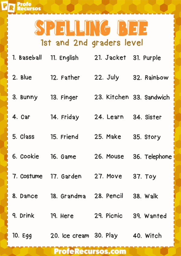 Spelling Bee Words For Kindergarten