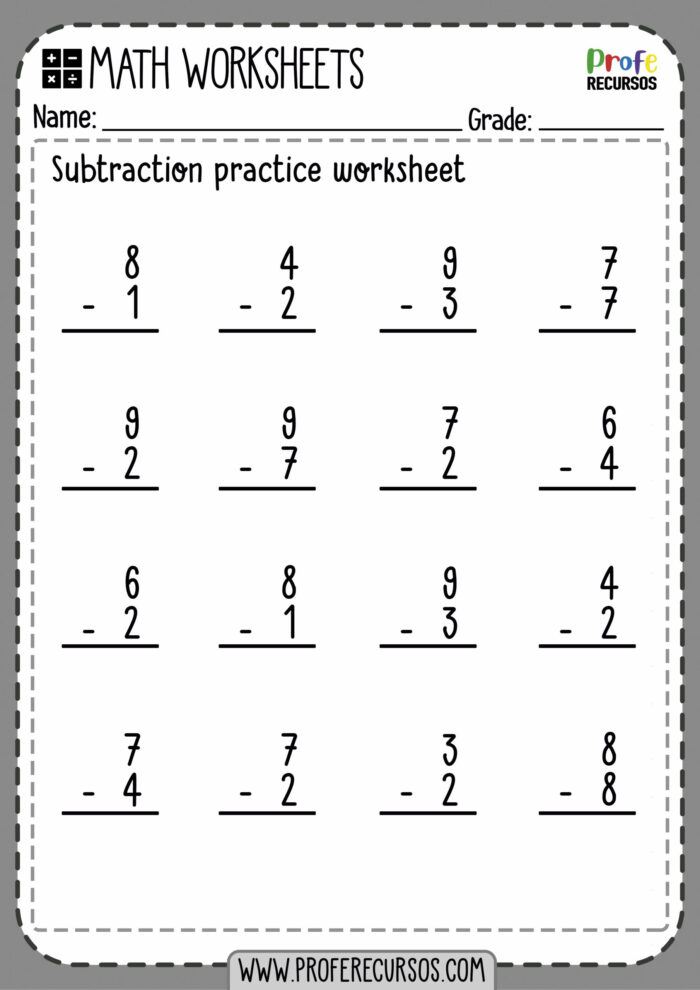 One Digit Subtraction Worksheets | Math Worksheets