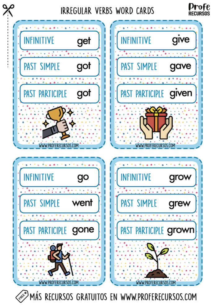 Tarjetas para trabajar los verbos irregulares en inglés