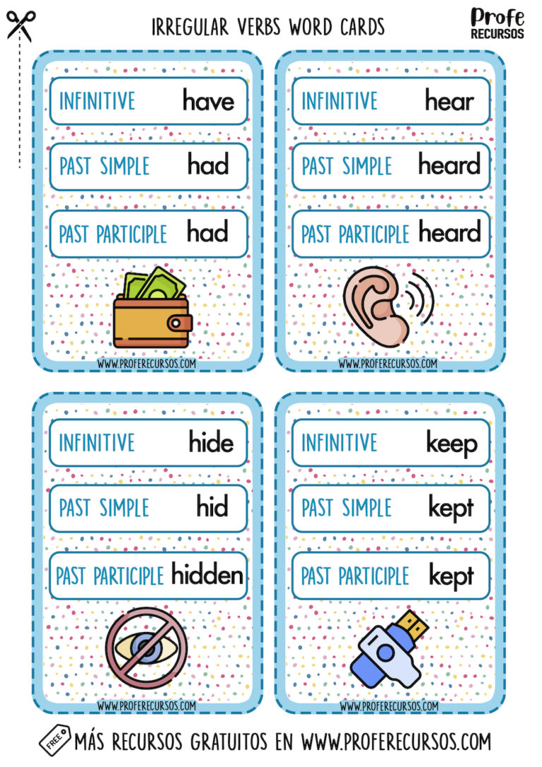 Tarjetas para trabajar los verbos irregulares en inglés