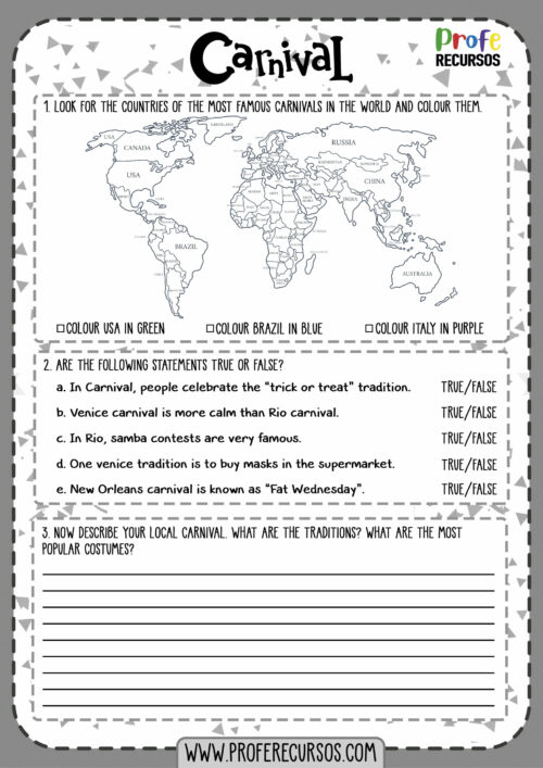 Ficha de carnaval para trabajar en inglés con tus alumnos