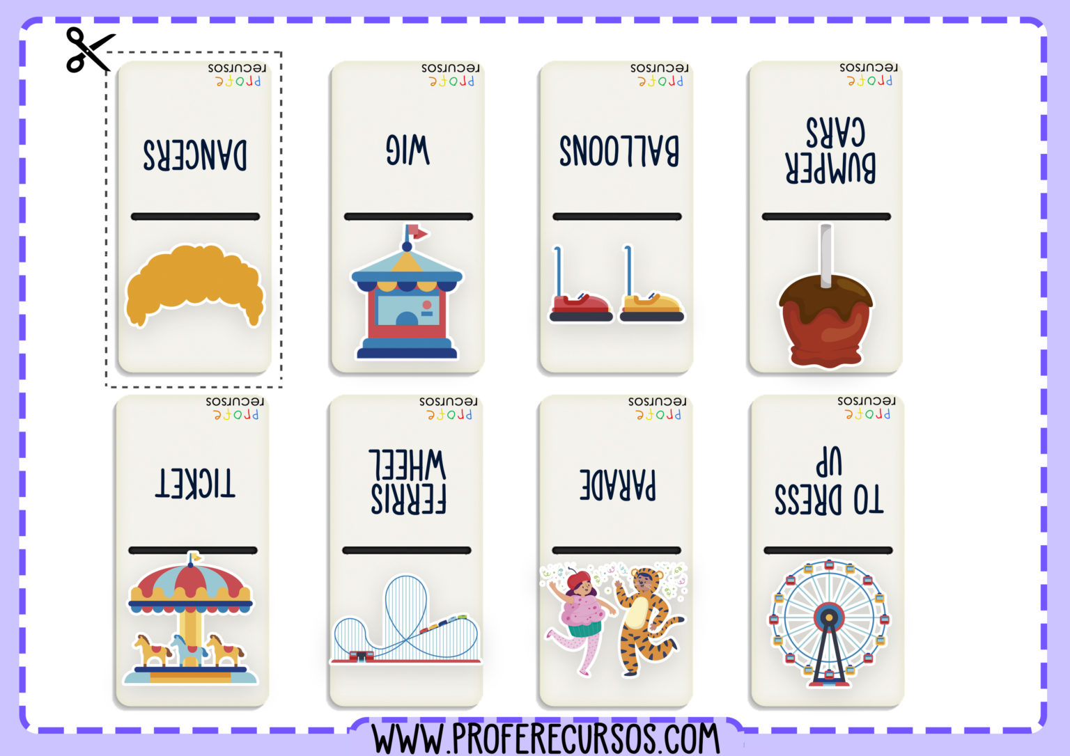 Juego de dominó para trabajar el vocabulario de Carnaval en inglés