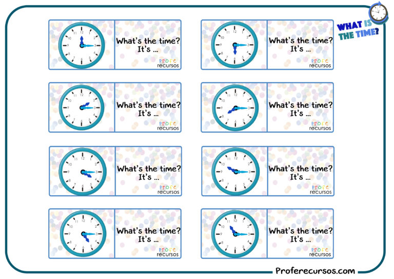 Reloj para practicar la hora en inglés, acompañado de tarjetas y dominó